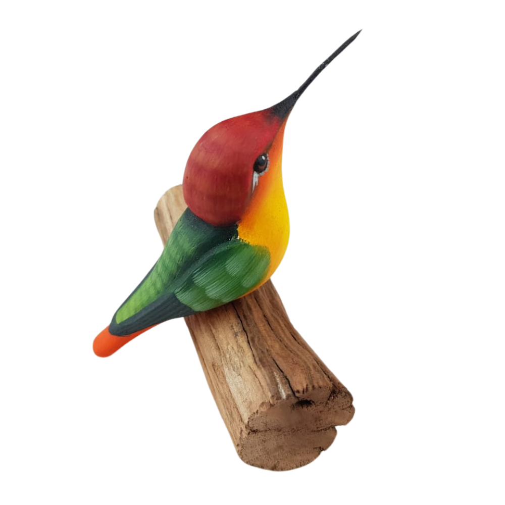 Colibrí de barro sobre base de madera, elaborado y decorado a mano ...